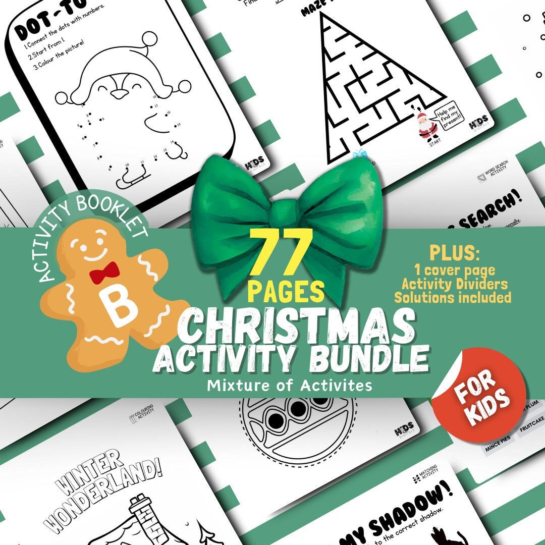 77 Pages Christmas Activity Pages for Kids, Coloring, Word Search, Maze ...