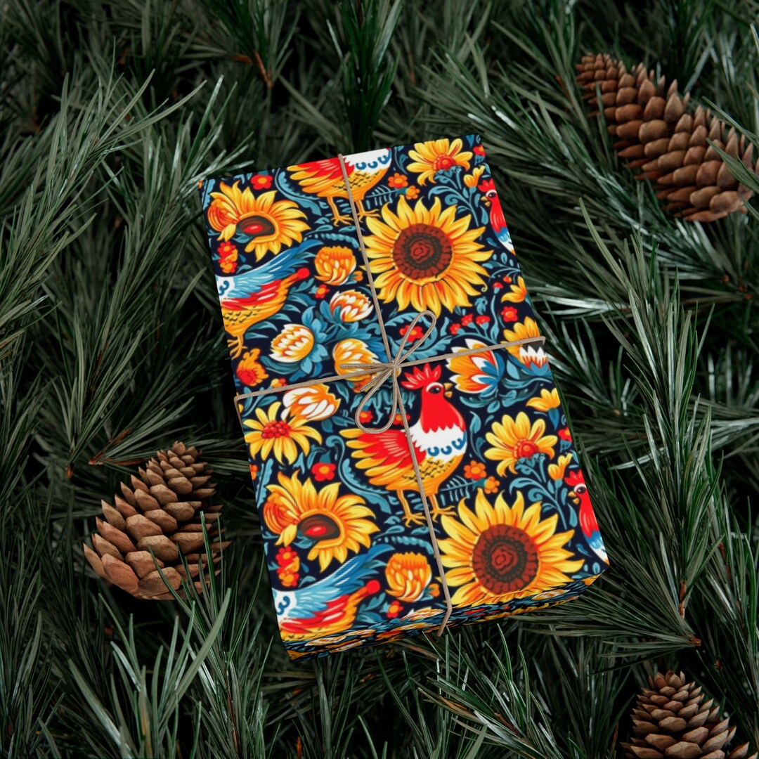 Rooster & Sunflower Wrap - Recycled Folk Art Wrapping Paper - Etsy