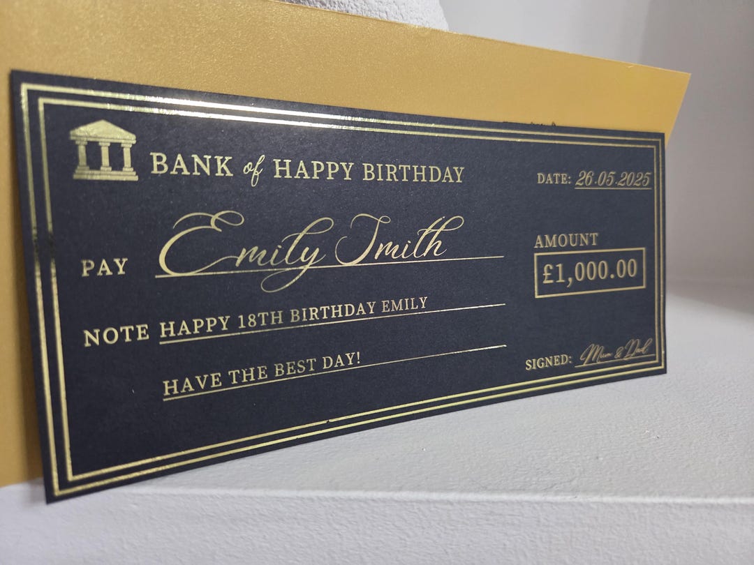 Birthday Cheque, Gold and Black Personalised Fake Cheque, Gift Birthday ...