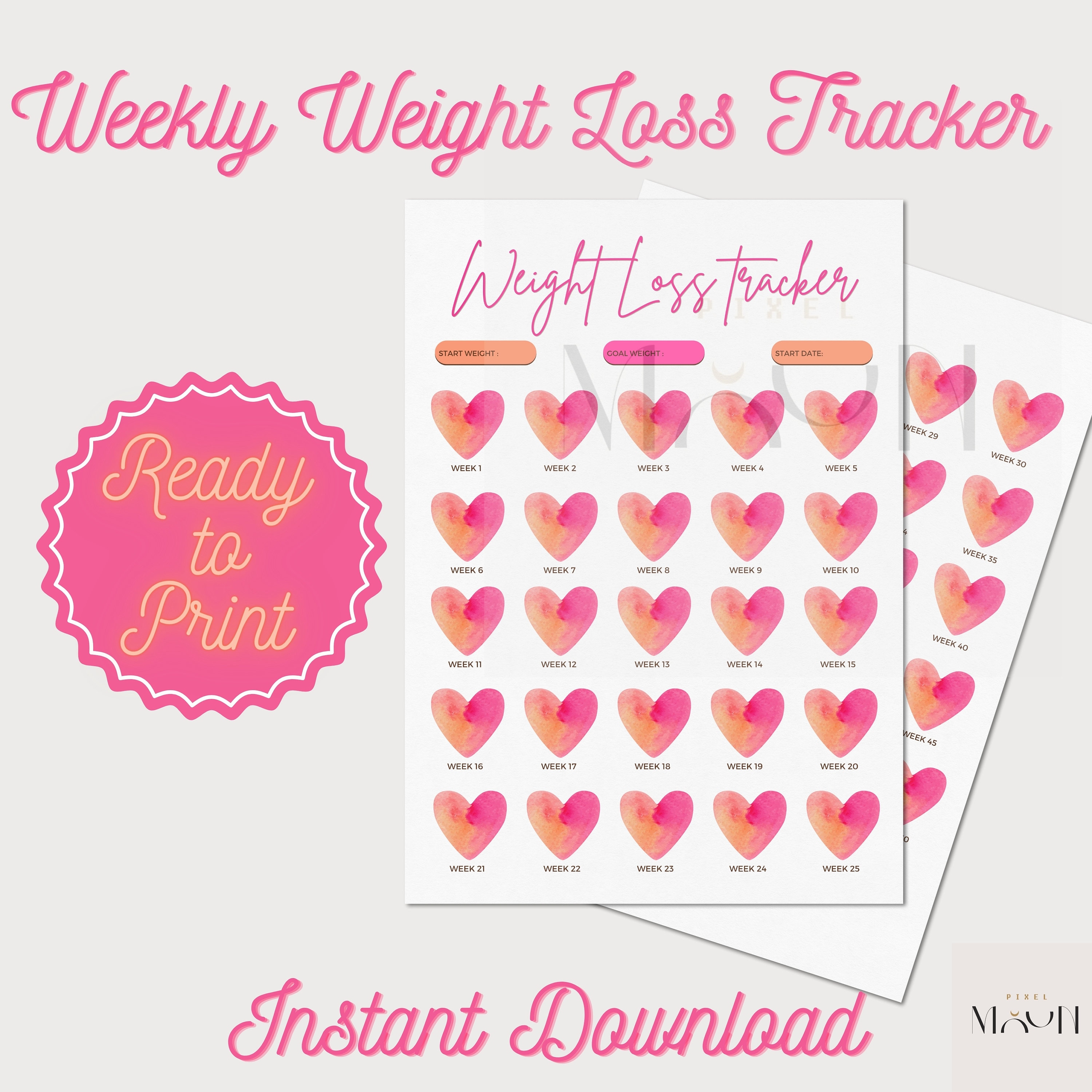 Weight Loss Tracker Printable, Weekly Weight Chart, Weight Planner ...