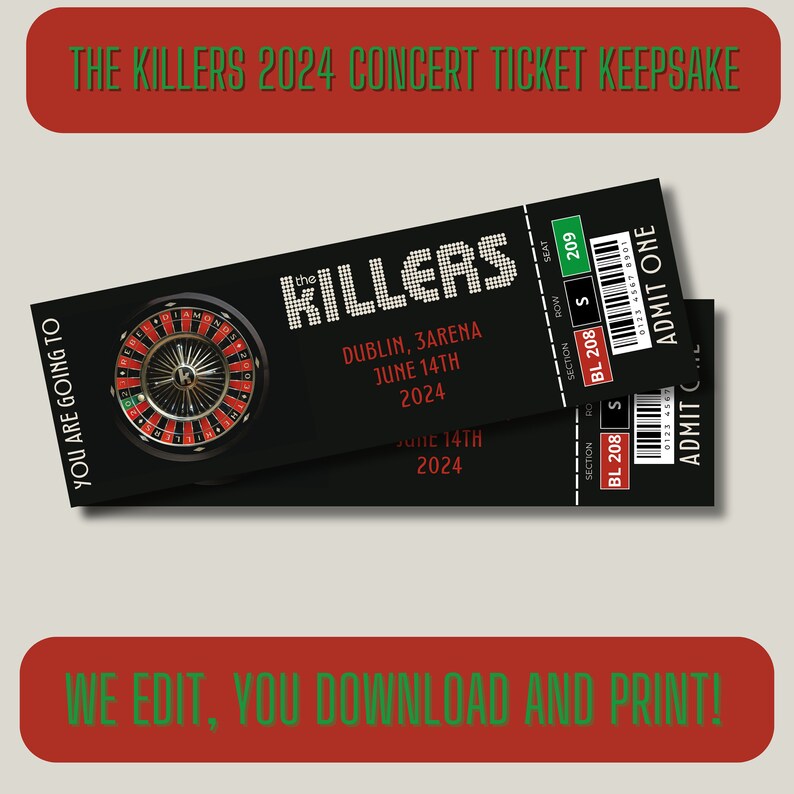 The Killers Surprise 2024 Concert Ticket, Personalised Keepsake Tour ...