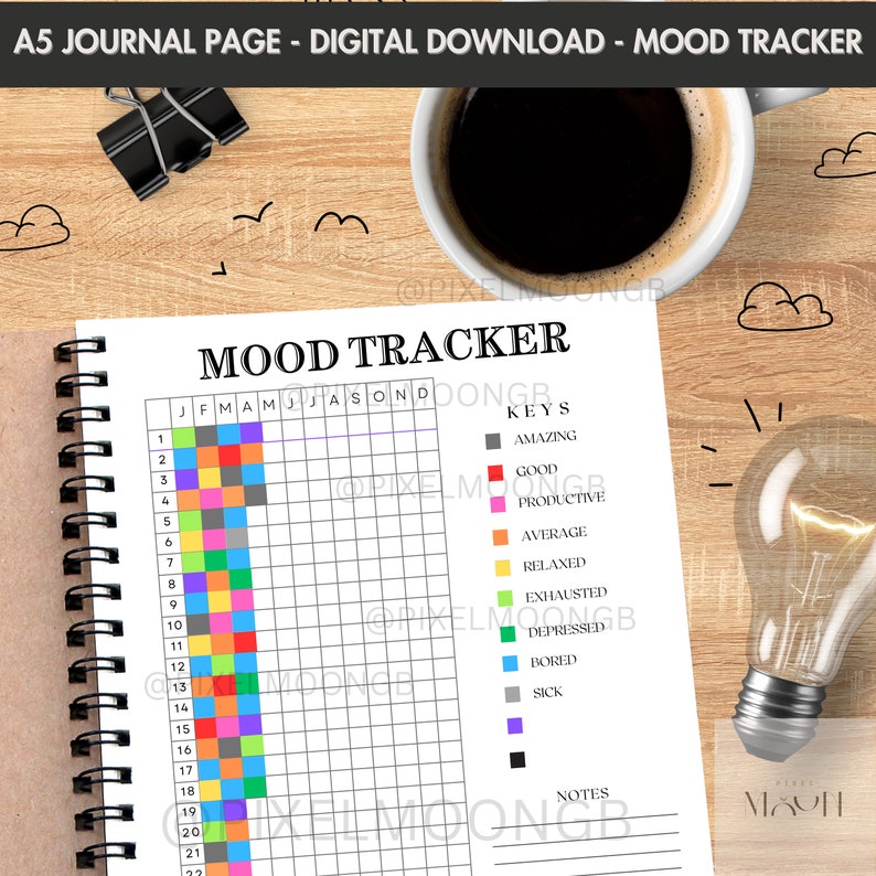 Printable Mood Tracker, Pixels Bullet Pre-made Journal Planner Page ...