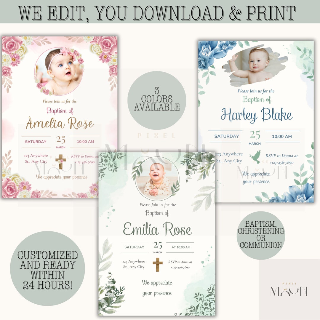 Personalized Baptism Invitation, Green Christening Invite, Pink Floral ...