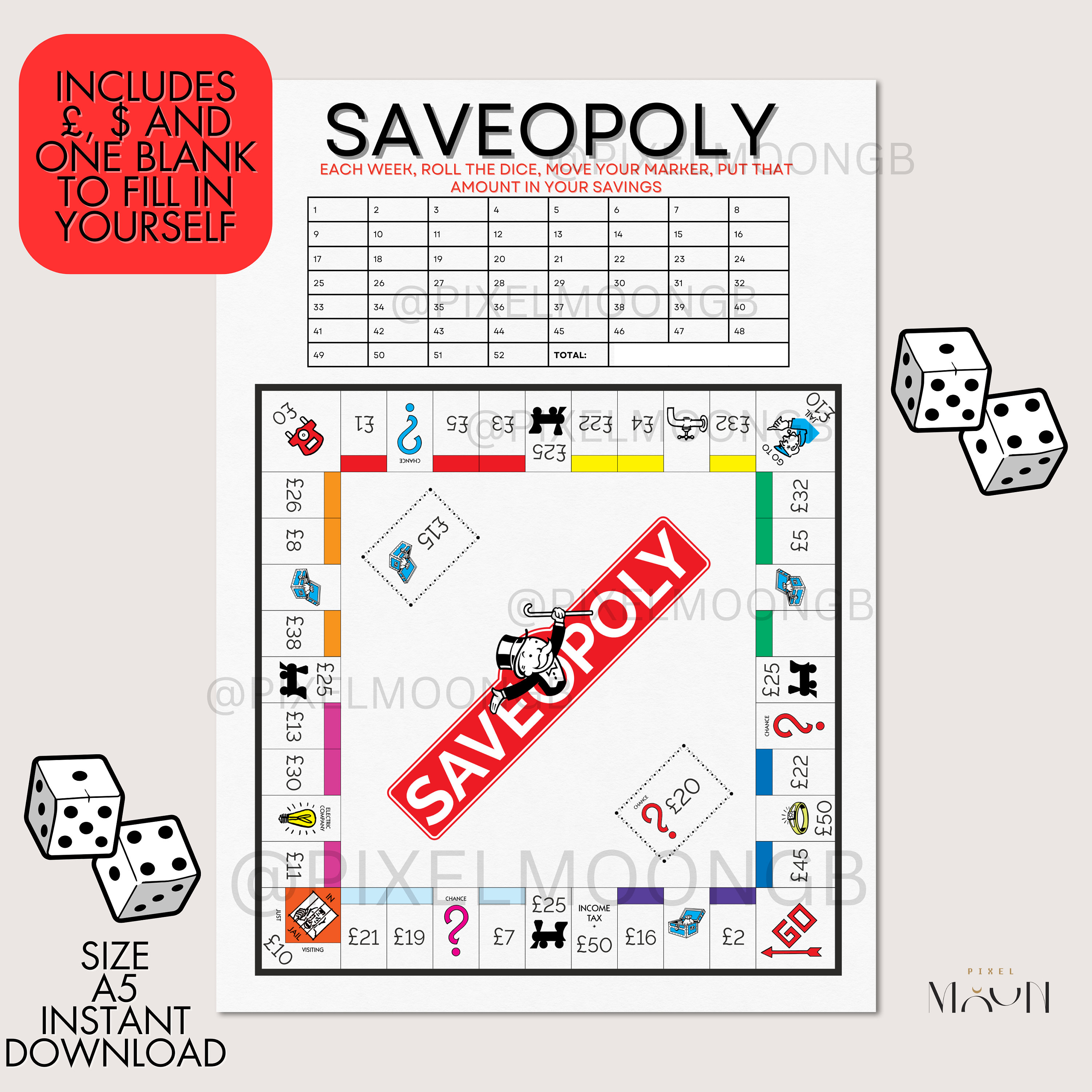 Saveopoly Savings Challenge, A5 Bullet Journal Page, Printable, Savings ...