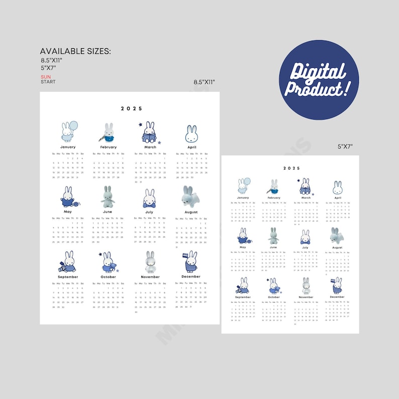 2025 Blue Bunny Yearly Calendar Digital Print / Printable / US Letter 8 ...