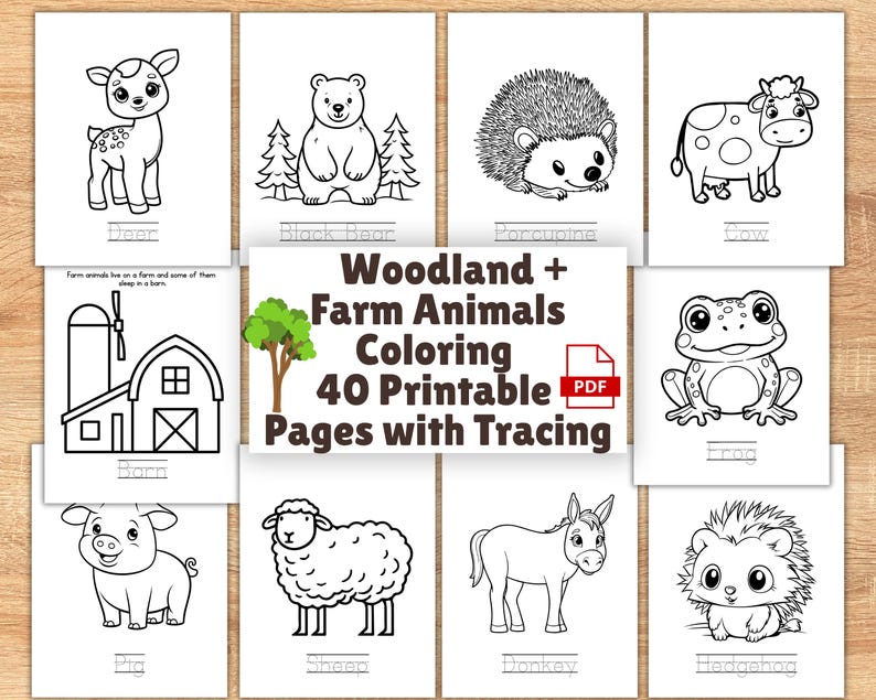 Farm and Woodland Animals Printable Coloring Pages With Word Tracing ...