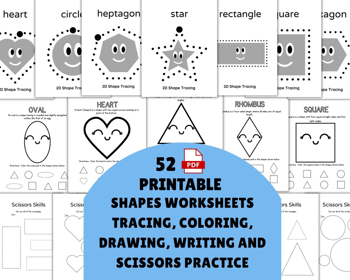 Learn Shapes Kids Worksheets: Tracing, Coloring, Scissors Practice (PDF ...