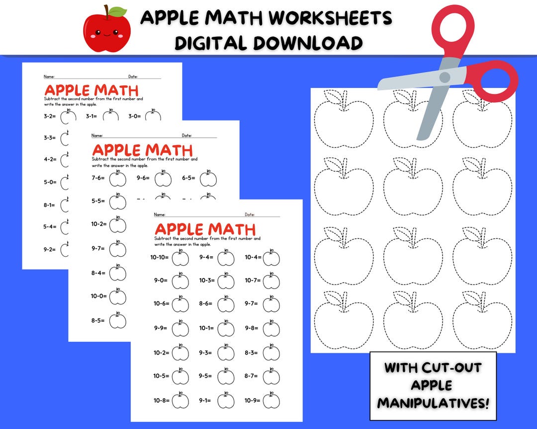 Apple Math Subtraction Worksheets Printable Practice Problem Solving ...