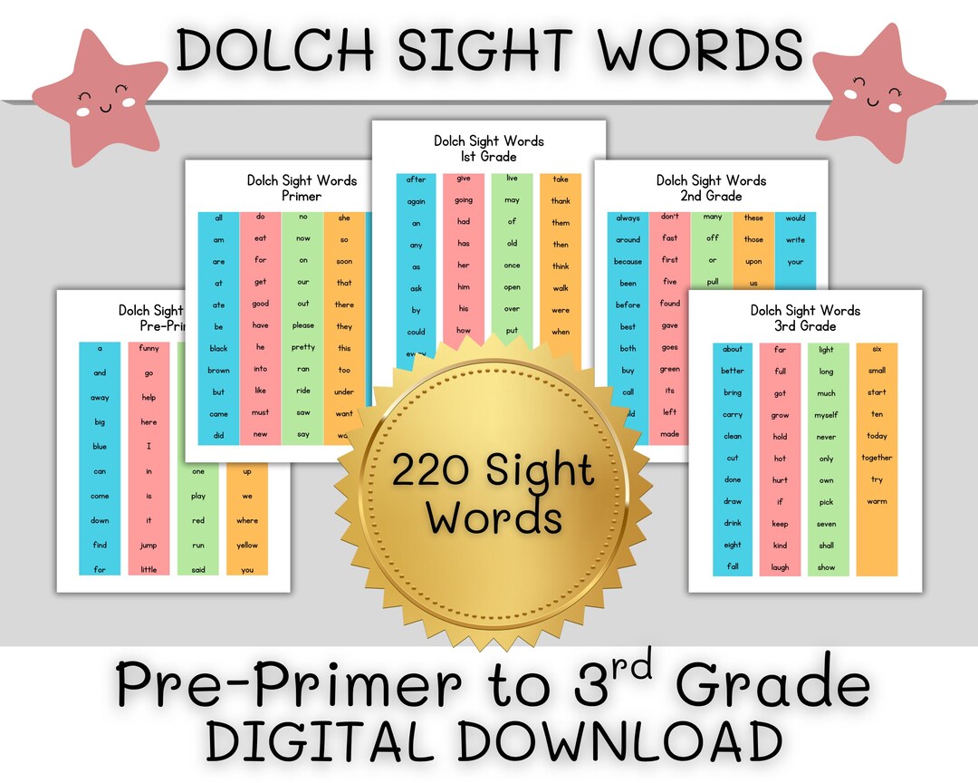 Dolch Sight Word Lists Pre-primer Primer First Second Third Grades for ...