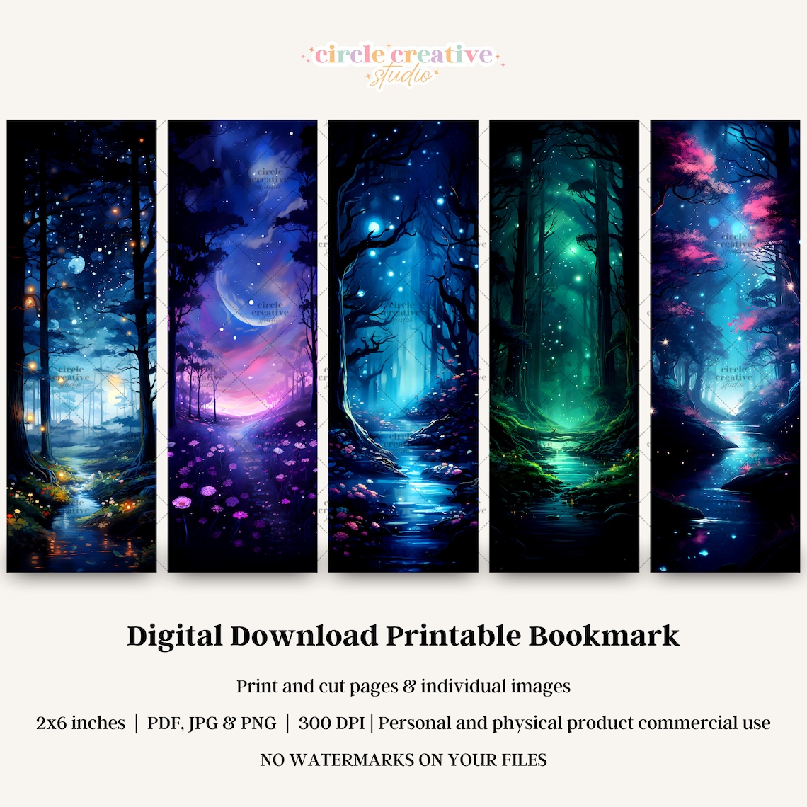 Fantasy Starry Night Forest Bookmarks: 25 PNG Printable Designs ...