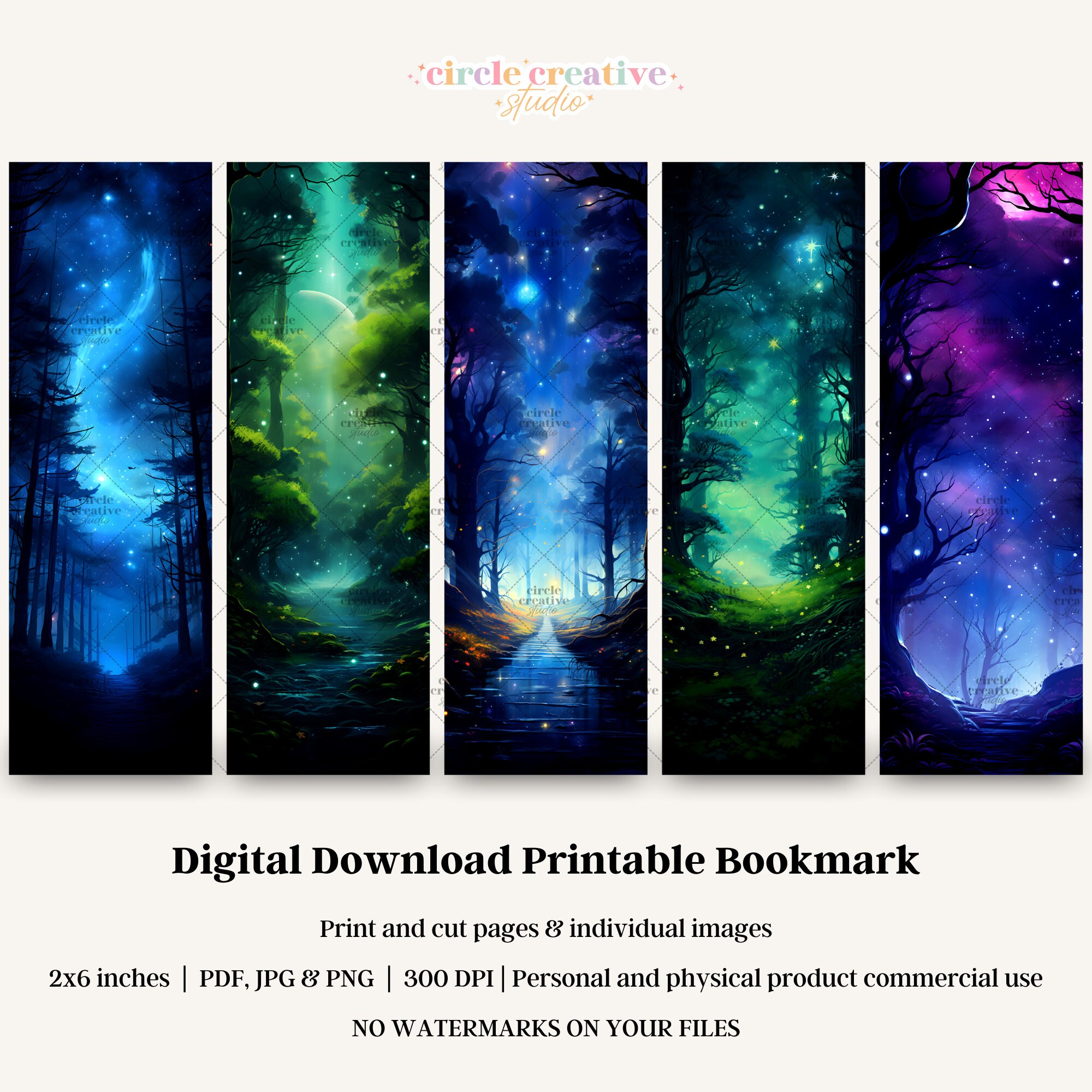 25 Fantasy Starry Night Forest Printable Bookmarks Bundle, PNG Bookmark ...