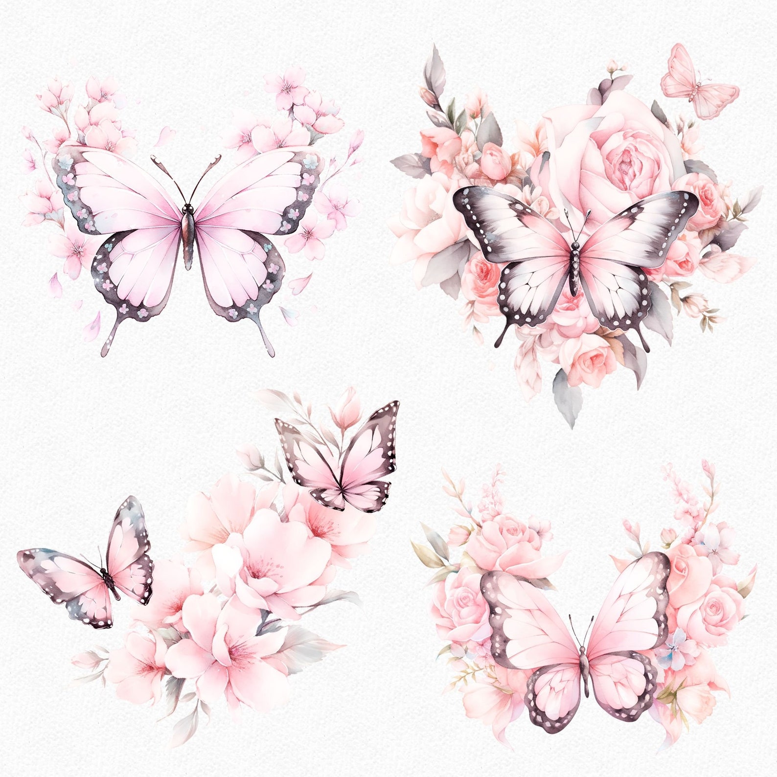 Watercolor Pink Floral Butterfly Clipart PNG Flowers Clipart ...