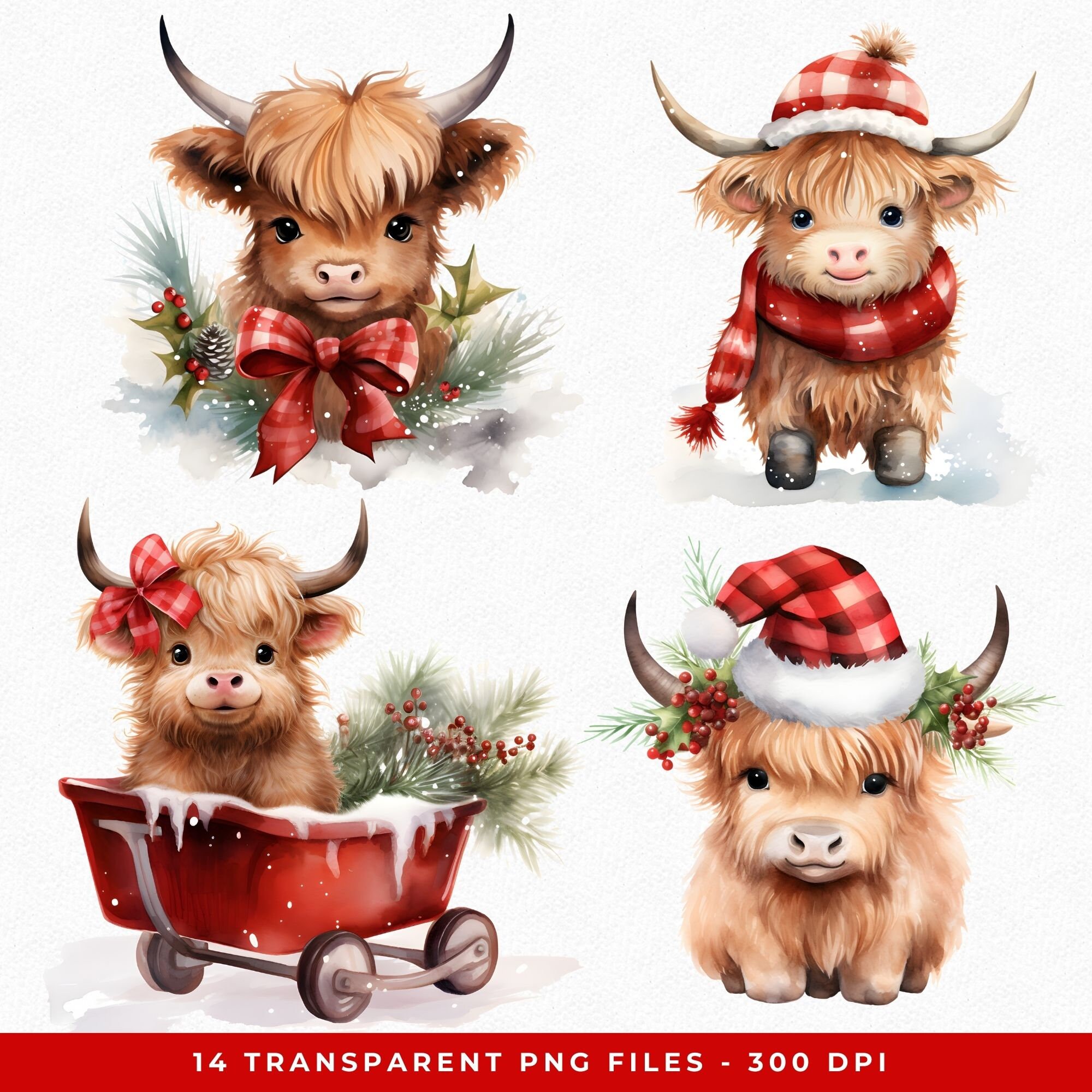 Watercolor Christmas Highland Cow Clipart: Festive Nursery PNG (digital ...