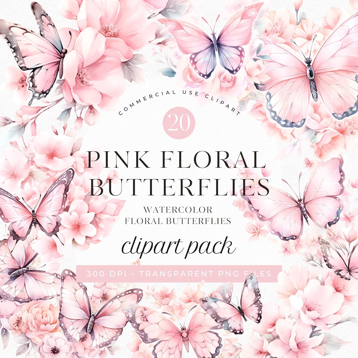 Watercolor Pink Floral Butterfly Clipart PNG Flowers Clipart ...