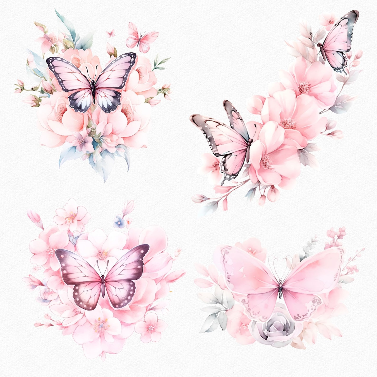 Watercolor Pink Floral Butterfly Clipart PNG Flowers Clipart ...