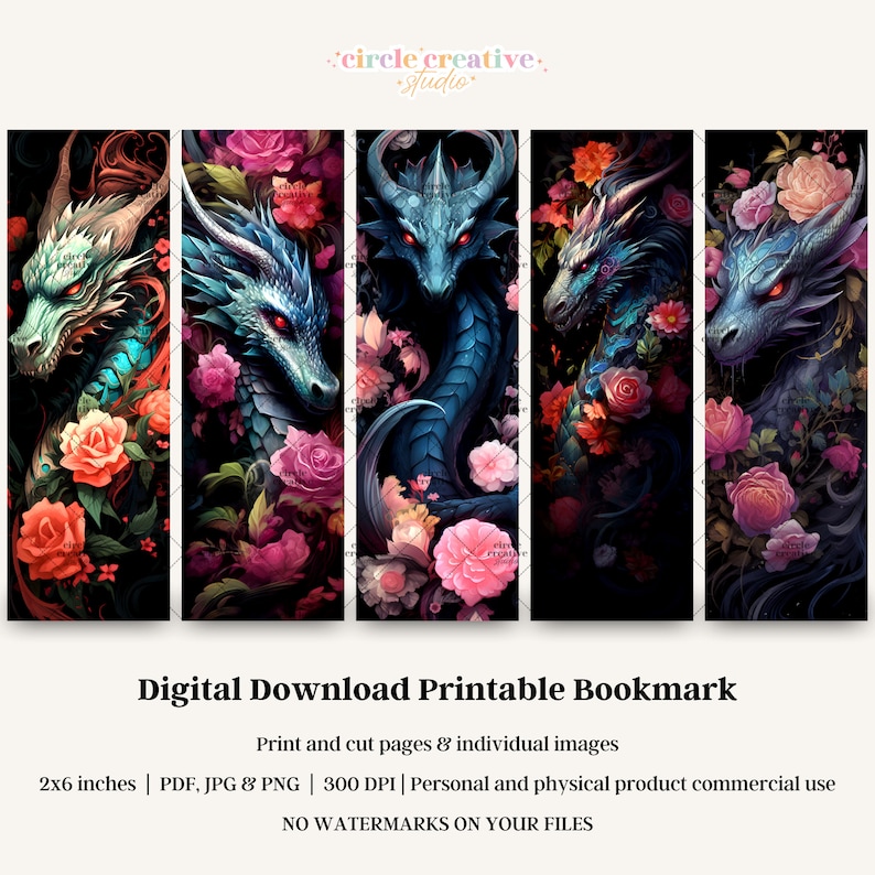 Fantasy Dragon Printable Bookmark PNG Bundle, Red Eyes Gothic Dragon ...