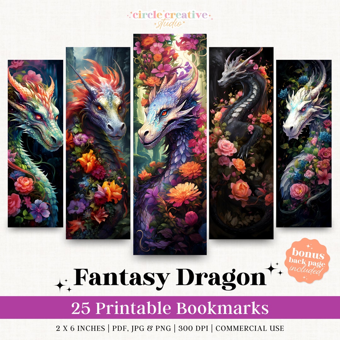 Dragon Printable Bookmarks Bundle Fantasy 25 PNG Bookmark Sublimation ...