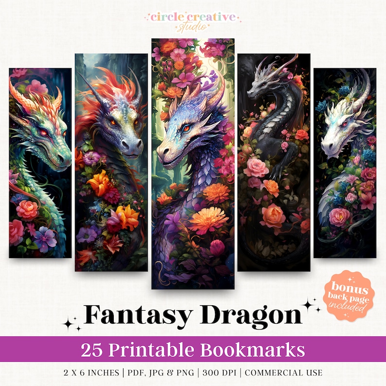 Dragon Printable Bookmarks Bundle Fantasy 25 PNG Bookmark Sublimation ...