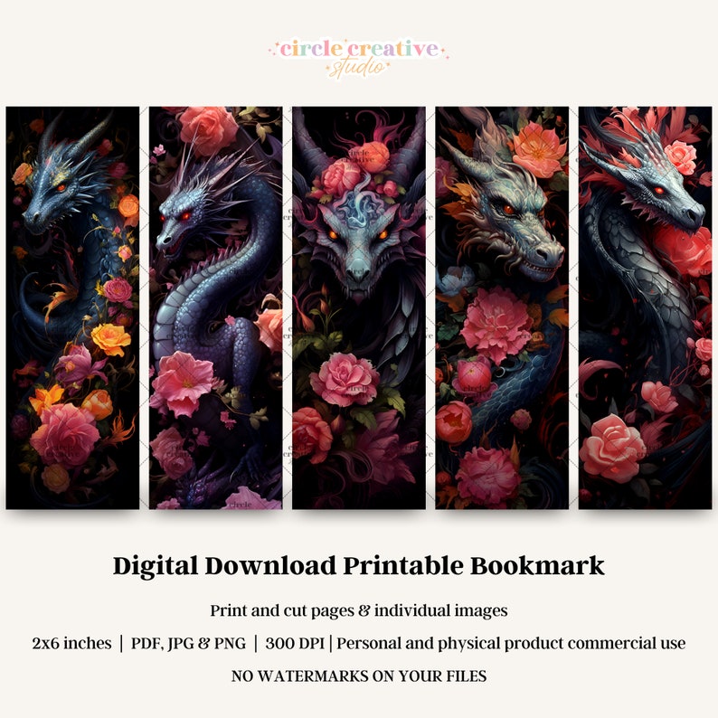 Fantasy Dragon Printable Bookmark PNG Bundle, Red Eyes Gothic Dragon ...