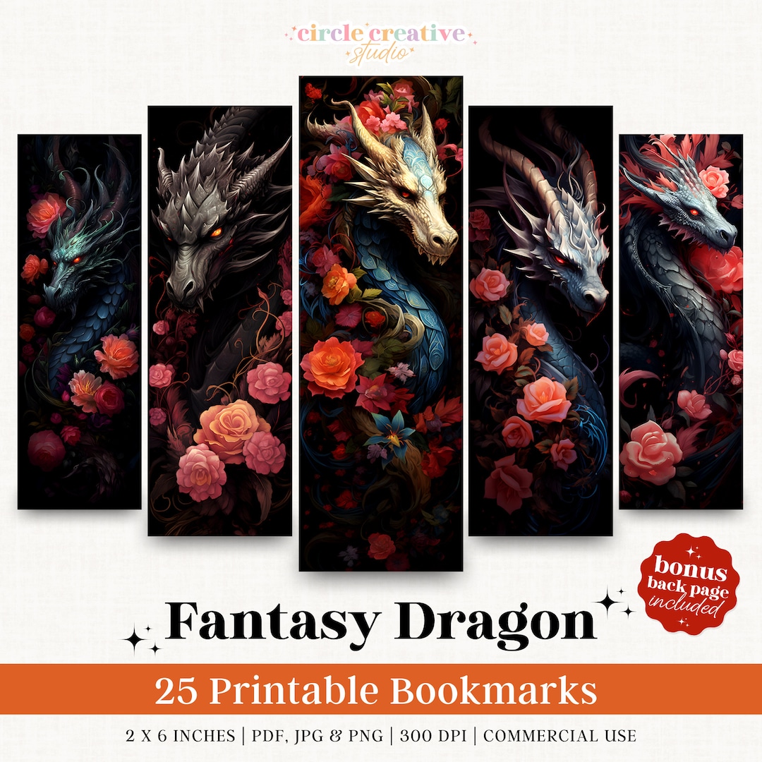 Fantasy Dragon Printable Bookmark PNG Bundle, Red Eyes Gothic Dragon ...