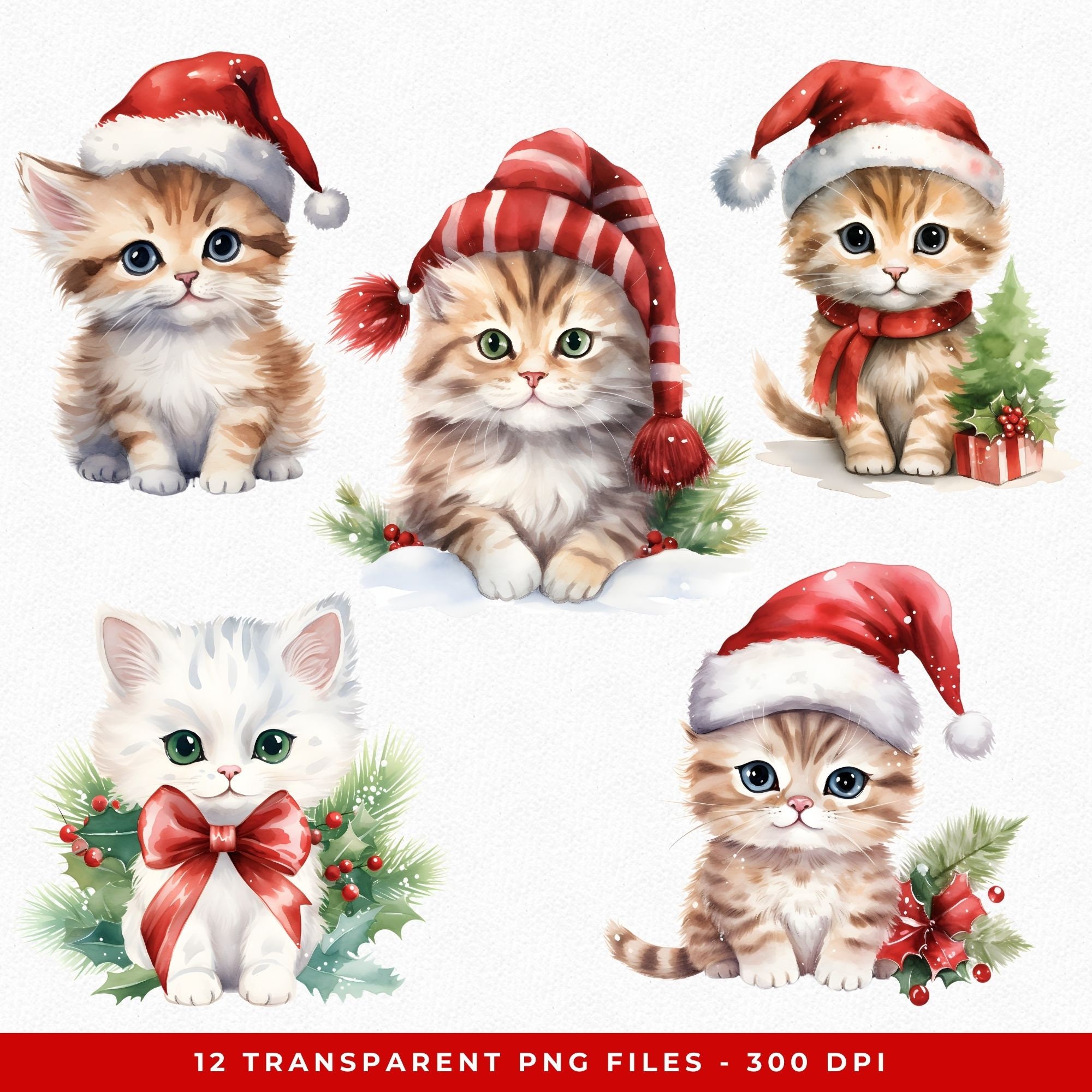 Watercolor Christmas Kitten Clipart: Holiday Cat PNG (commercial Use ...