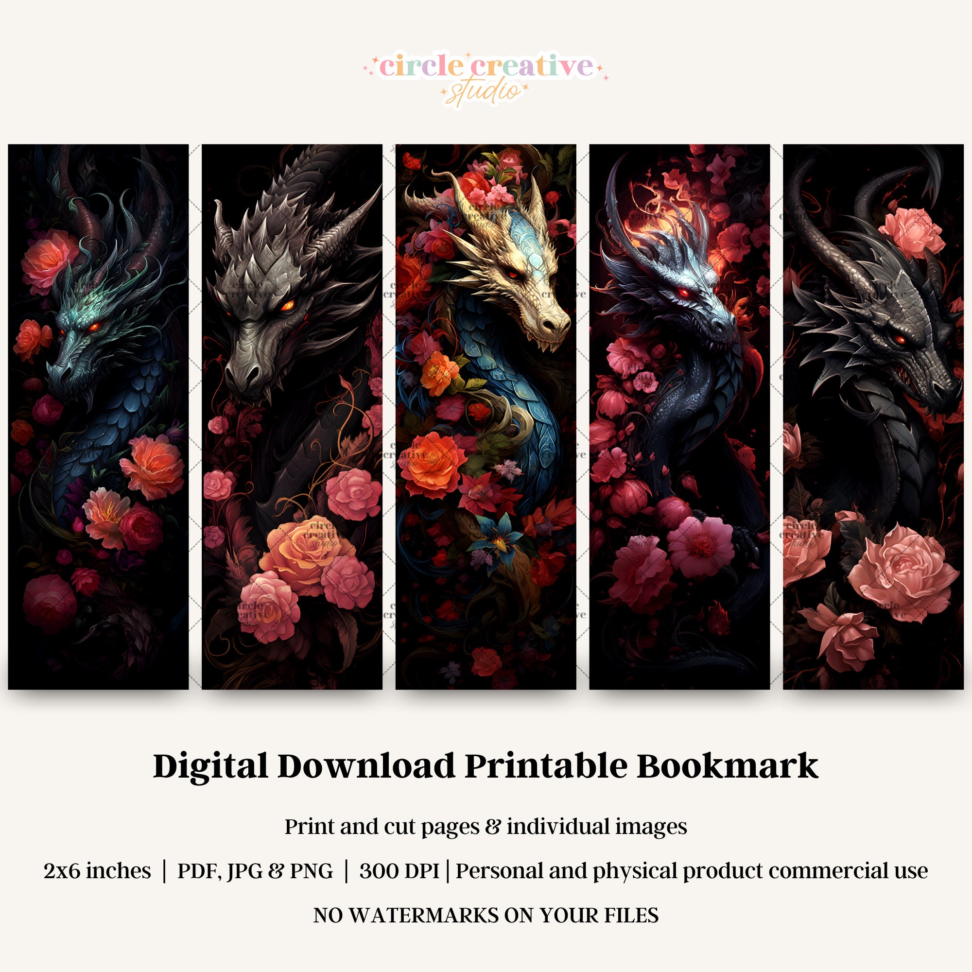 Fantasy Dragon Printable Bookmark PNG Bundle, Red Eyes Gothic Dragon ...