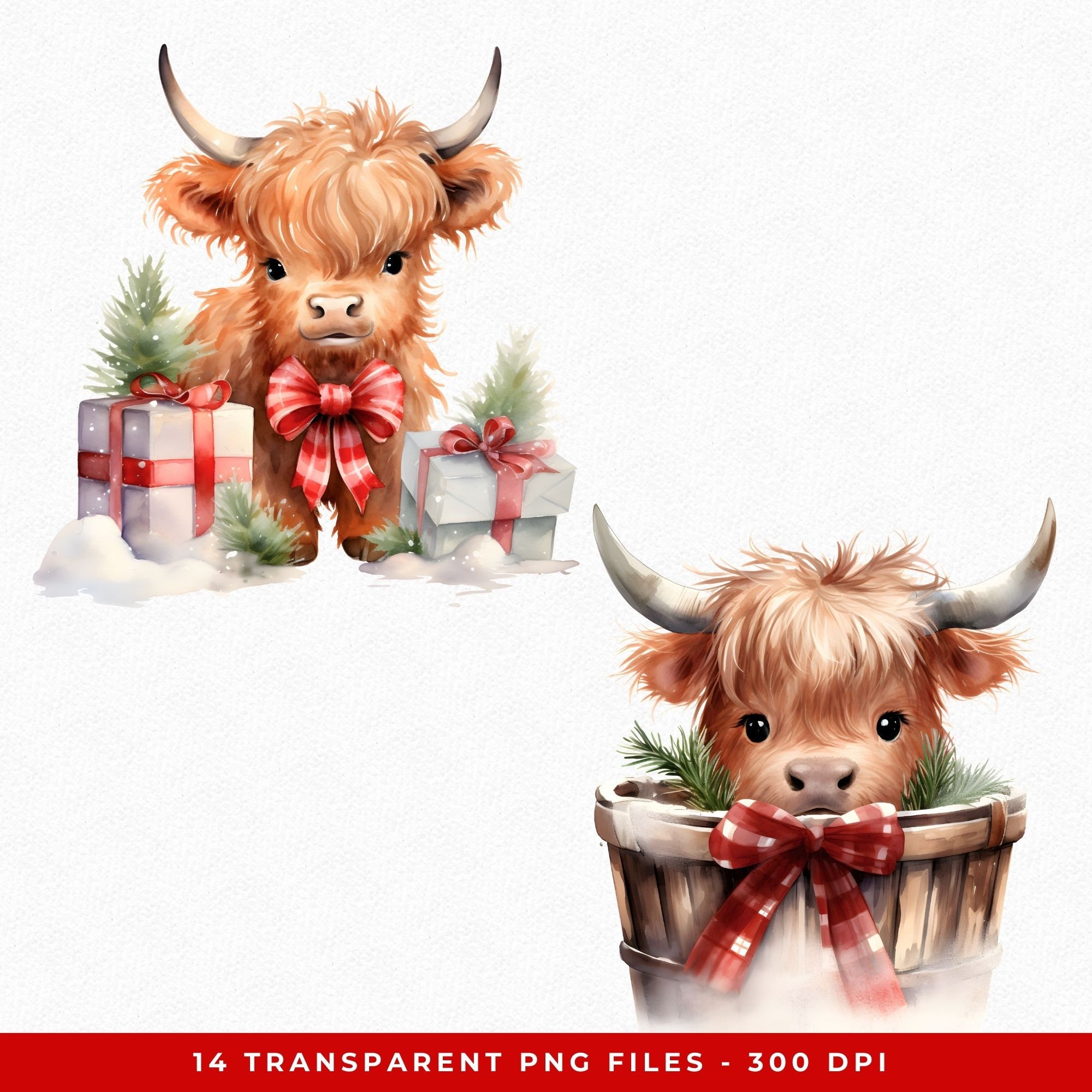 Watercolor Christmas Highland Cow Clipart: Festive Nursery PNG (digital ...