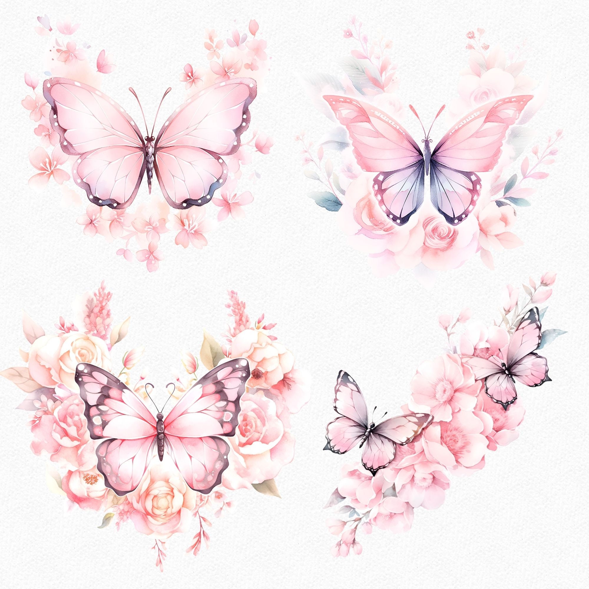 Watercolor Pink Floral Butterfly Clipart PNG Flowers Clipart ...