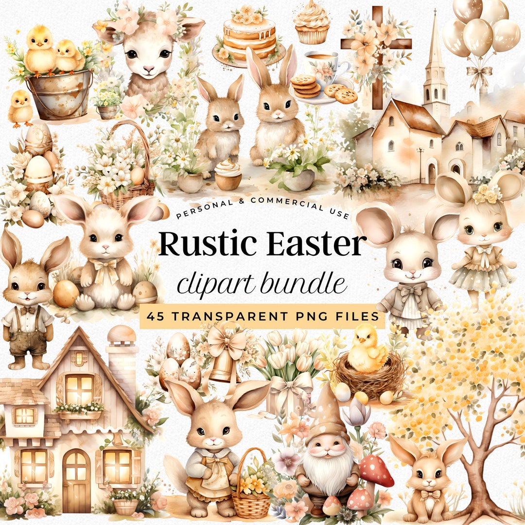 Rustic Easter Clipart Bundle, Watercolor Easter Egg, Vintage Easter ...