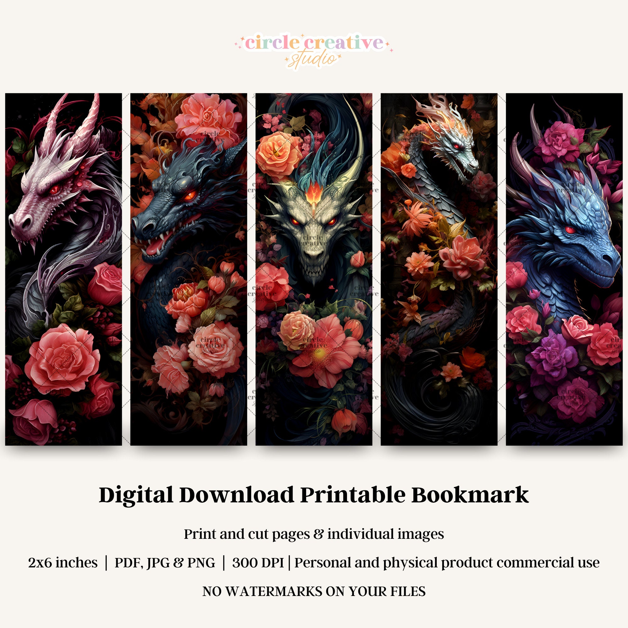 Fantasy Dragon Printable Bookmark PNG Bundle, Red Eyes Gothic Dragon ...