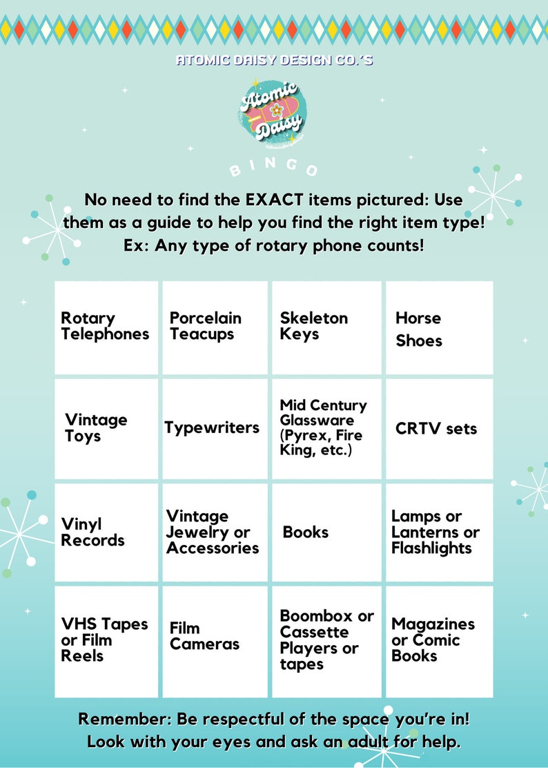 Let's Go Antiquing! Antique/thrifting BINGO Card Activity for Kids and Families Digital Download ...