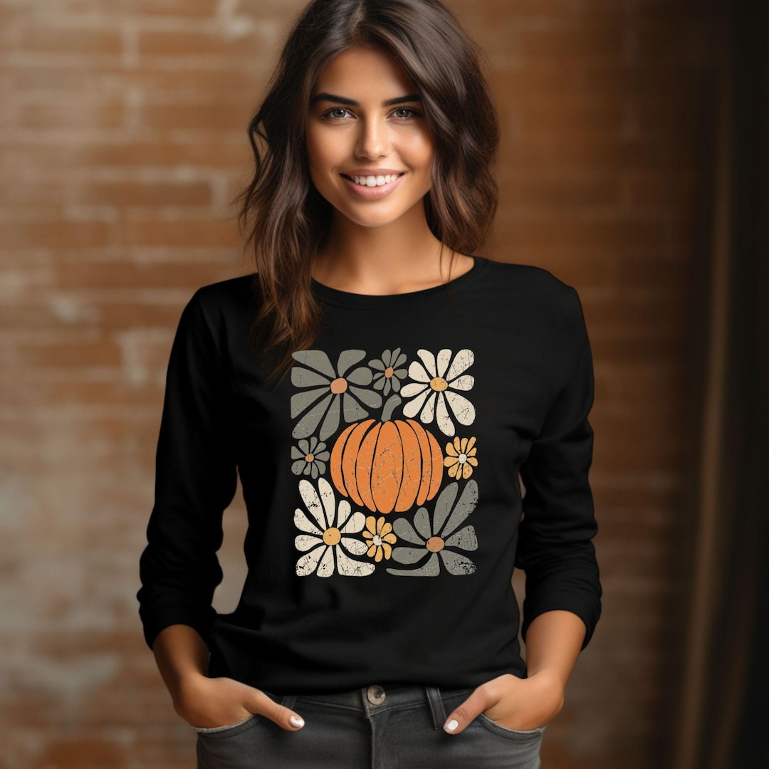 Pumpkin Long Sleeve Tee, Boho Floral Fall Shirt, Retro Fall Tee, Autumn ...