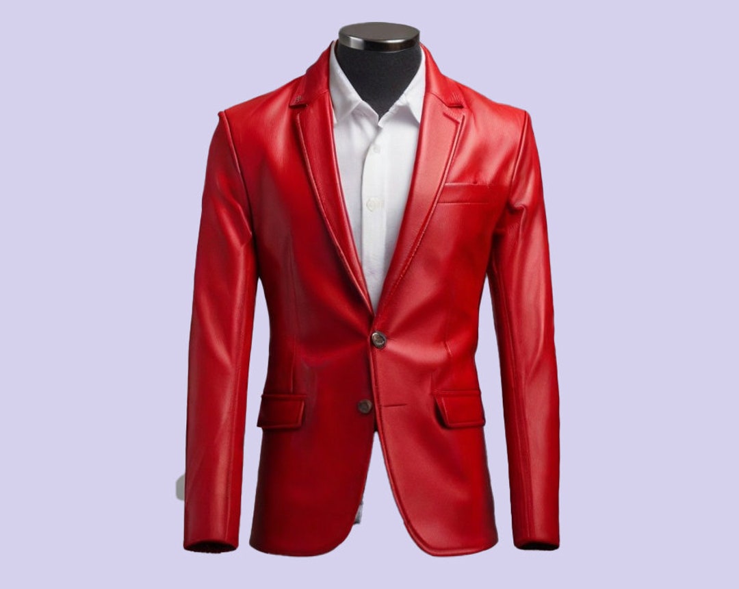 Genuine Red Leather Blazer for Men, Vintage Leather Button Down Blazer ...