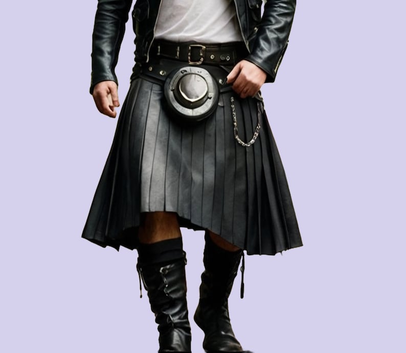 Real Leather Men Black Kilt - Handmade Gladiator Kilt - Genuine Leather ...