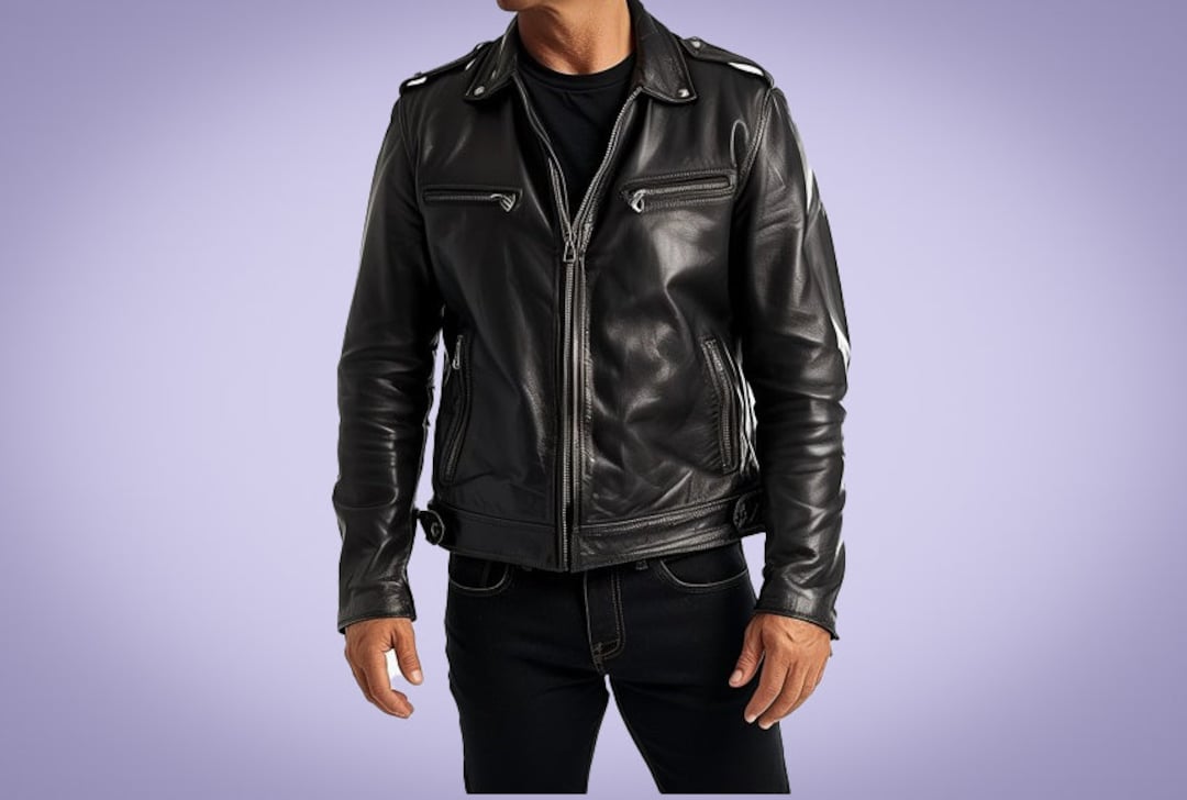 Black Vintage Men Leather Jacket, Handmade Genuine Leather Zippered ...