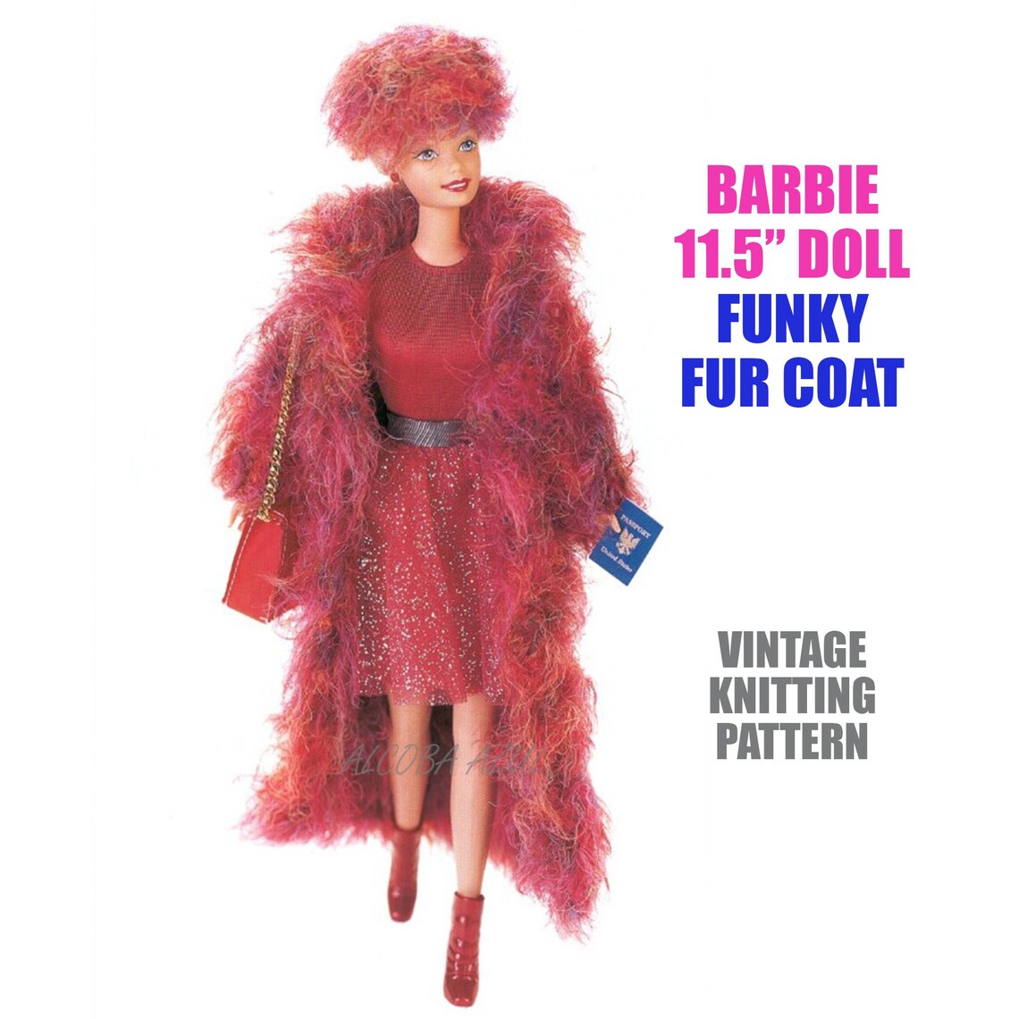 Vintage Knitting PATTERN Barbie Fluffy Fur Coat Funky Hat 11.5 Inch ...