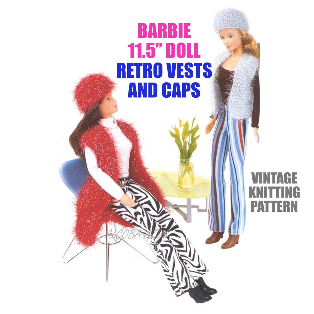 Vintage Knitting PATTERN Barbie Retro Vibe Vests & Caps Set 11.5 Inch ...