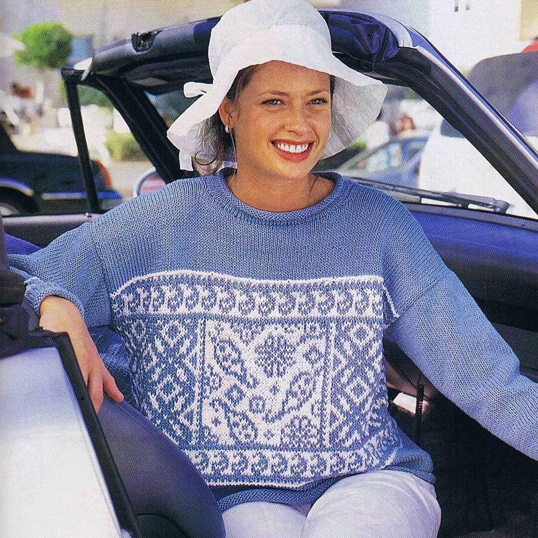 Vintage Knitting Pattern Women's Two-color Paisley & Men's Crew Neck ...