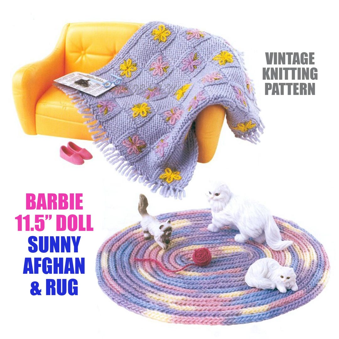 Vintage Knitting PATTERN Barbie Cozy Afghan & Playful Rug Set 11.5 Inch ...