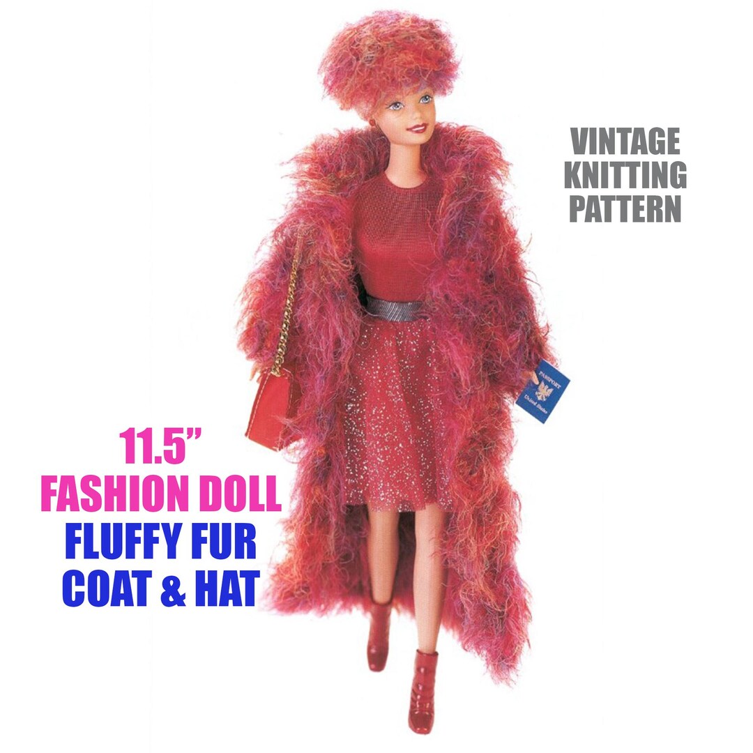 Vintage Knitting PATTERN Fluffy Fur Coat Funky Hat 11.5 Inch Fashion ...