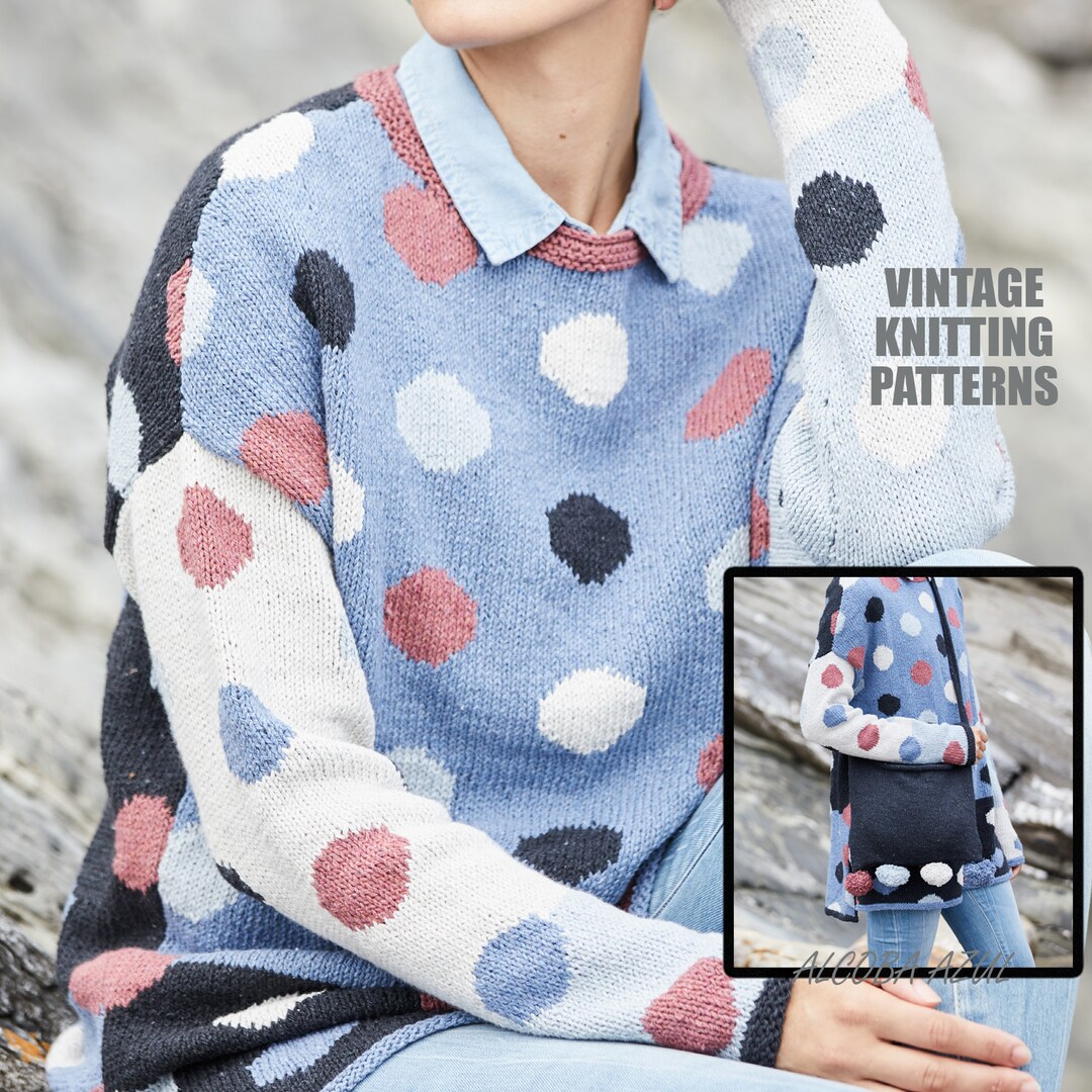 Women KNITTING PATTERN Polka Dots Sweater DK 8 Ply Yarn Set in Sleeves ...