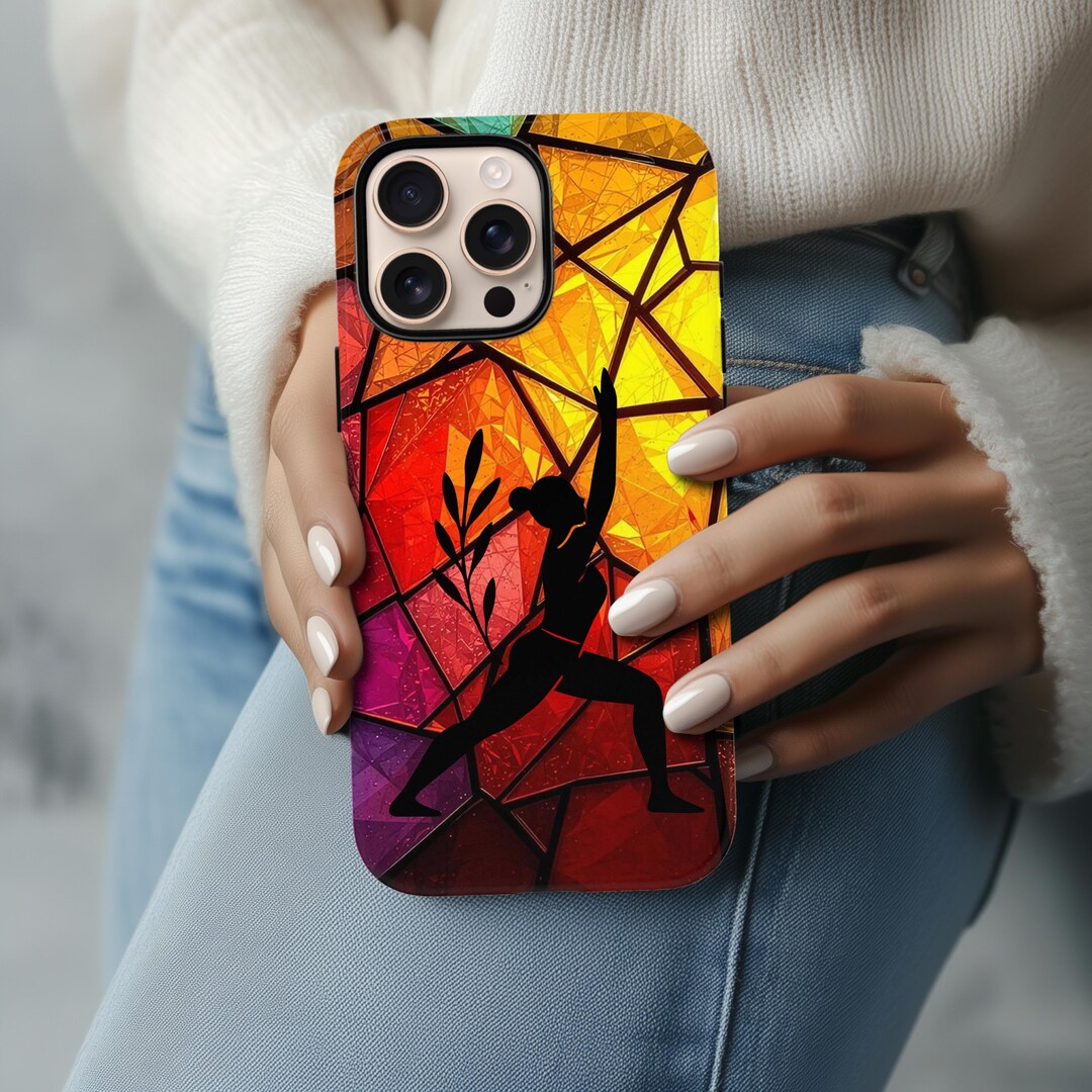 Stained Glass Yoga Phone Case, Black Silhouette on Glass Design, Yoga ...