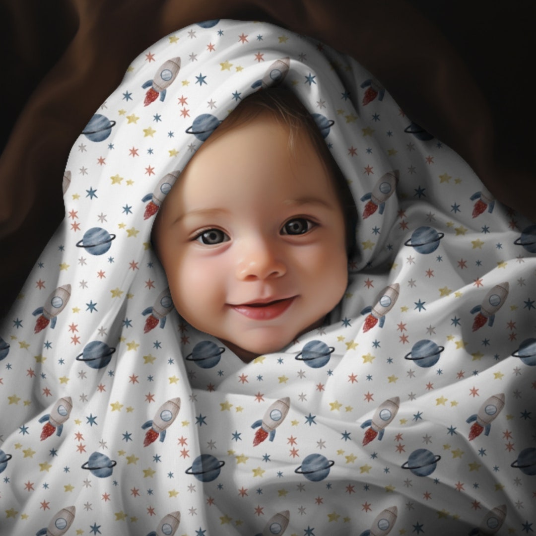 Spaceship Moon and Stars Baby Swaddle Blanket Space Themed Baby Blanket ...