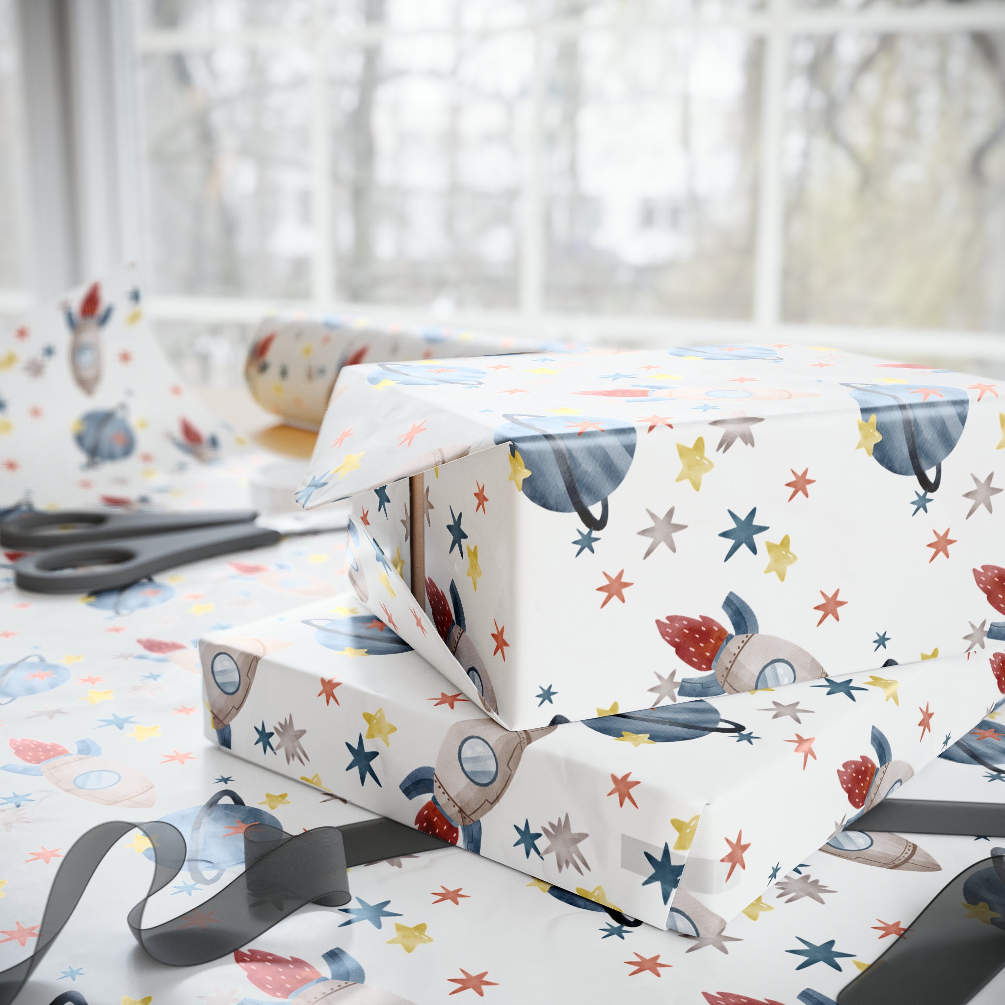 Child's Toy Spaceship and Moon Wrapping Paper Space Theme Gift Wrap ...