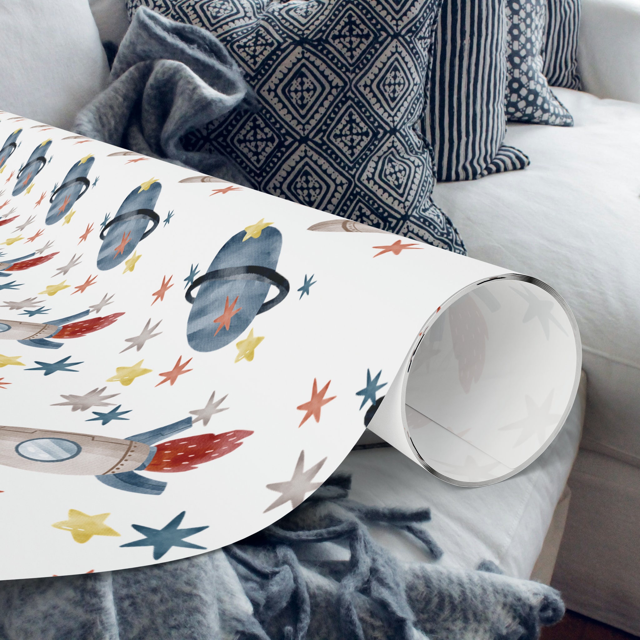 Child's Toy Spaceship and Moon Wrapping Paper Space Theme Gift Wrap ...