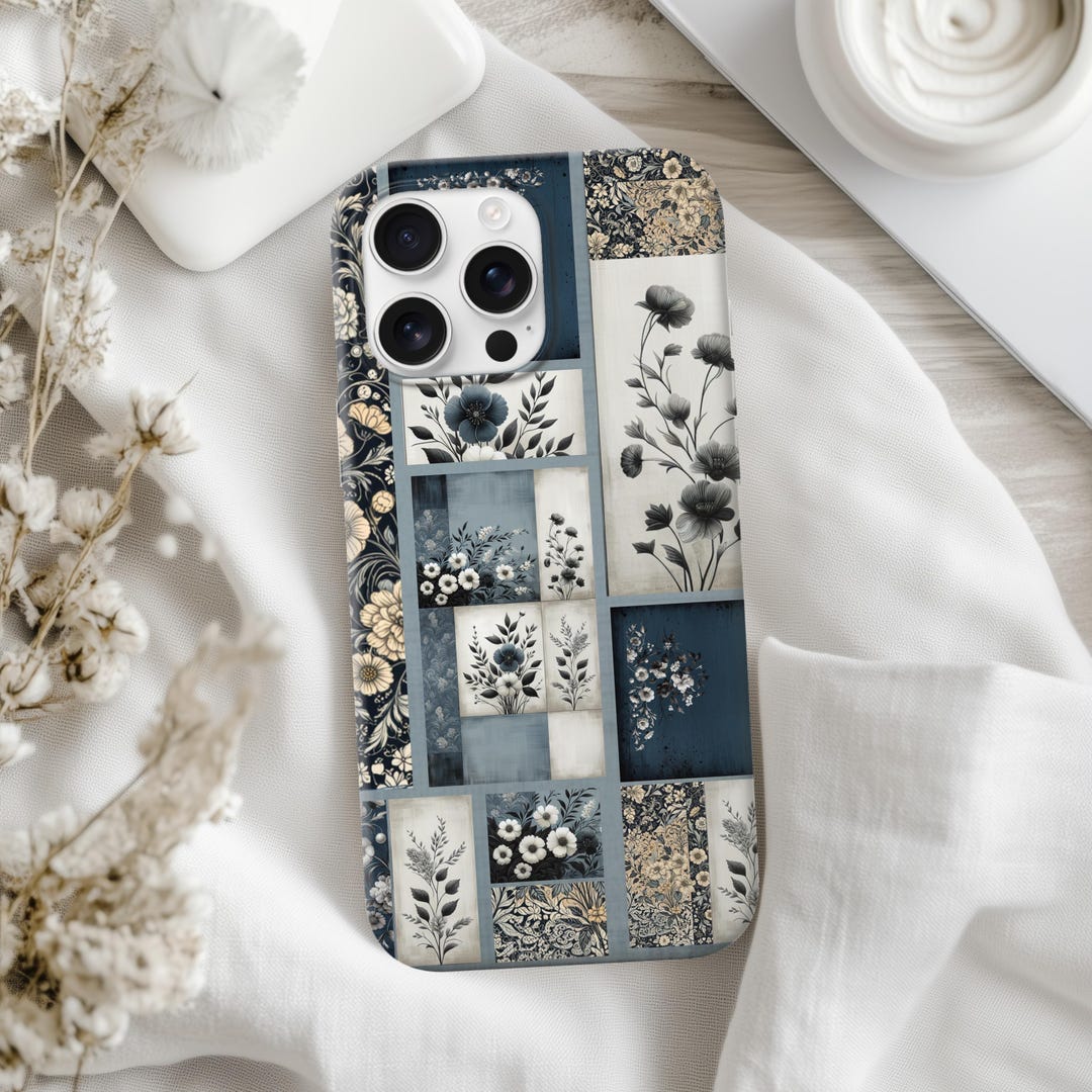 Blue Plaid Boho Botanical Phone Case, Floral and Plaid Style Design ...