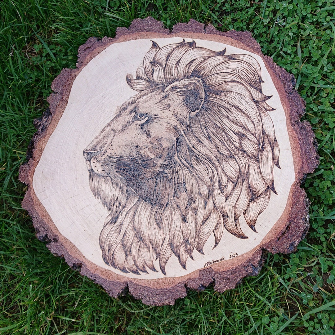 Portrait of a Lion/ Woodburning Art Lion/ Custom Art Woodwork / Wild ...