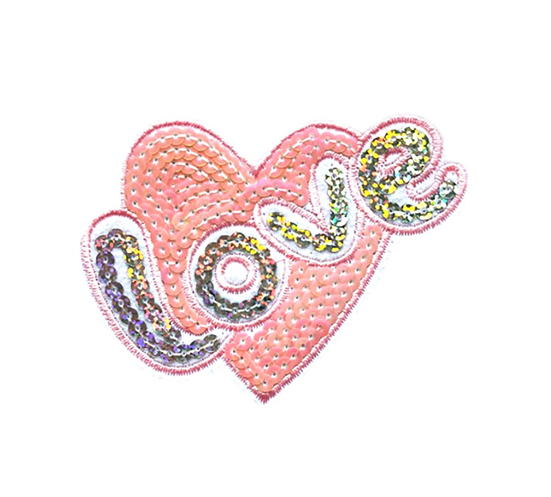 Sequin Pink 'love' Heart Patch | Iridescent Sparkle Valentines Day Iron ...