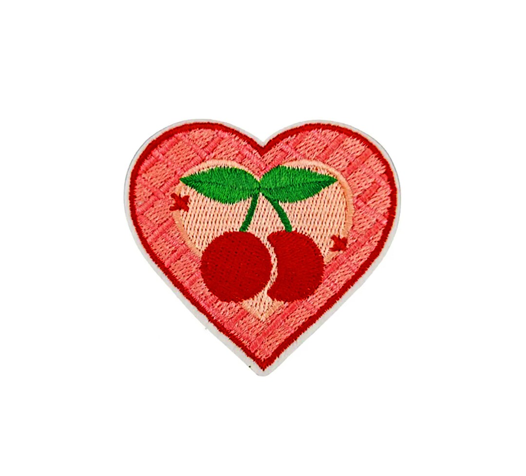 Cherry Heart Patch | Pink Kawaii Love Red Cherries Fruit Iron-on ...