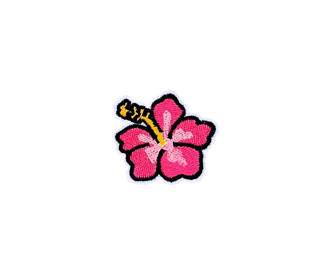 Mini Pink Hibiscus Patch | Hawaiian Flower Iron-on Applique | Floral Embroidered DIY Badge ...